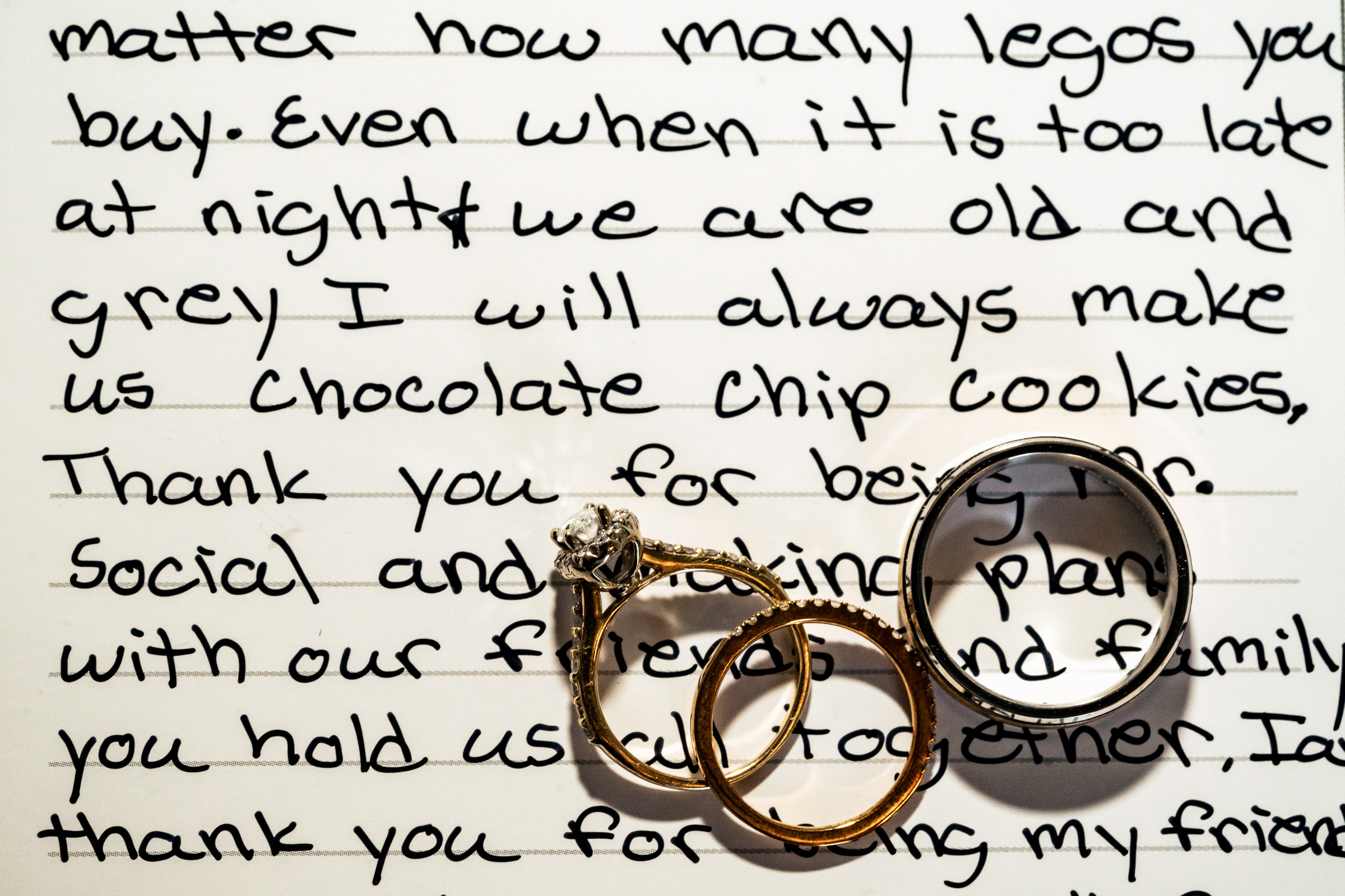 Trio of rings displayed on handwritten vows - photo by Kivus & Camera