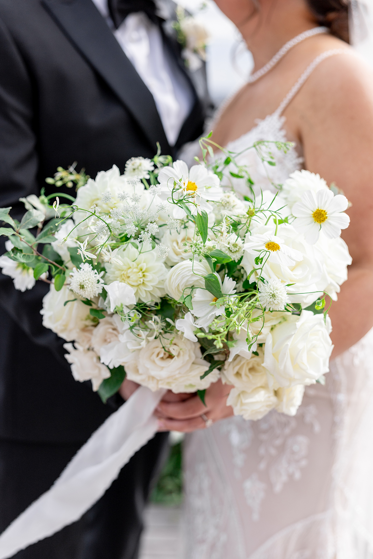 White summer bouquet with cropped bride and groom - photo by Anna ...