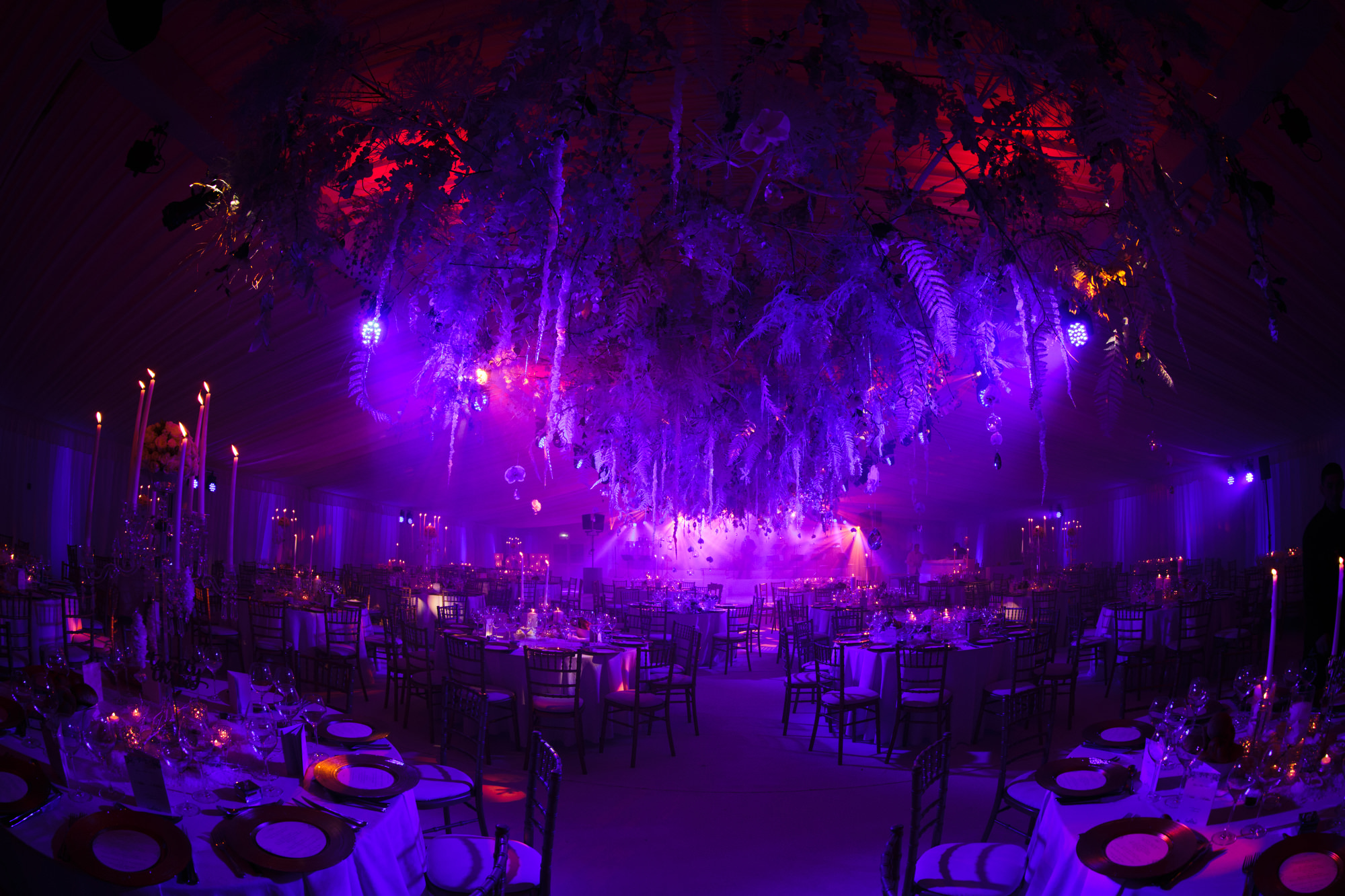 Red and purple lit reception hall at Rudding Park Hotel - photo by Jeff ...