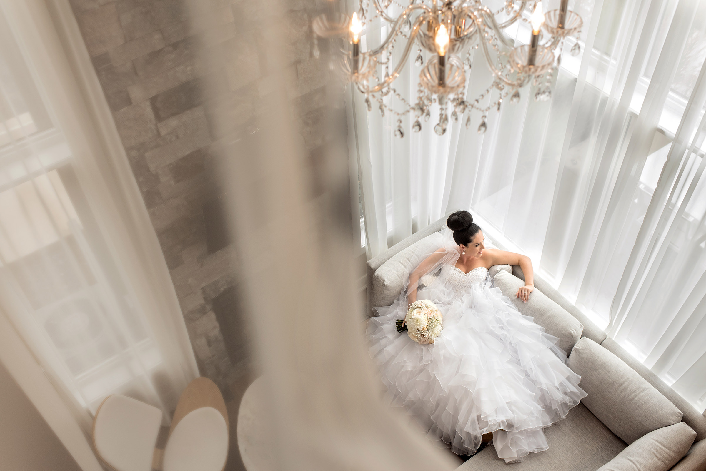 Maskoka Bay Club top down view of bride in ruffled gown - photo by ...